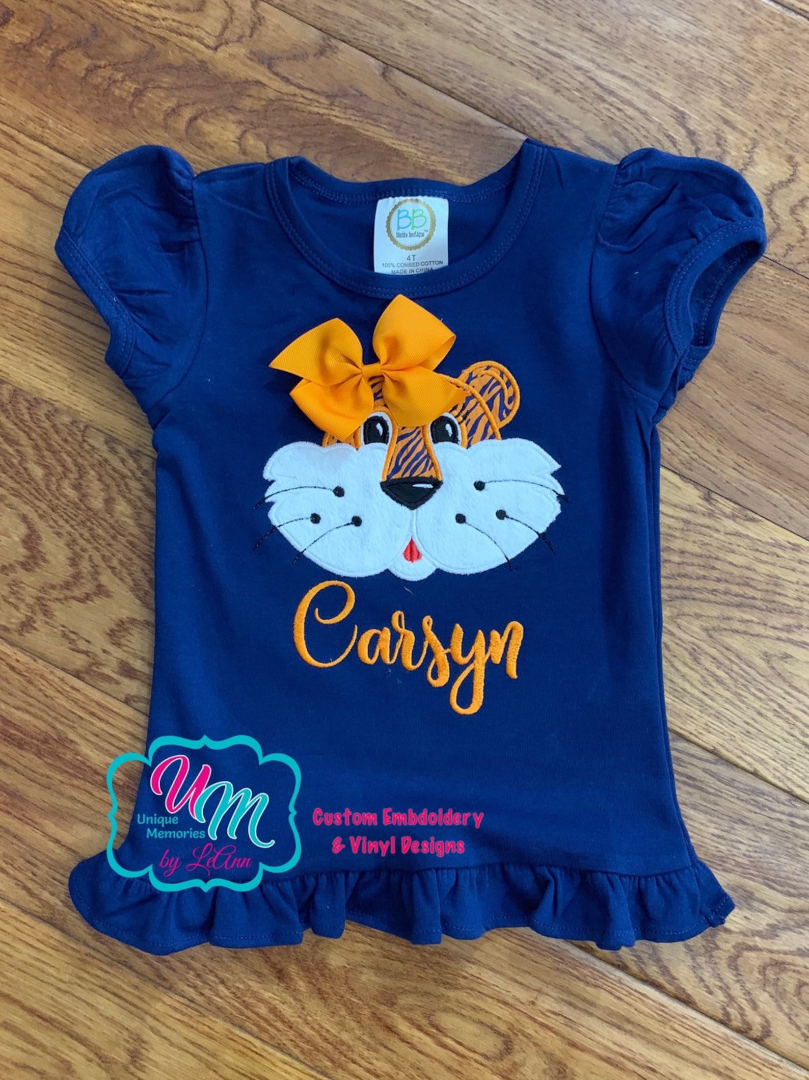 Tiger Girl W/bow Applique Ruffle Shirt Personalized W/free | Etsy