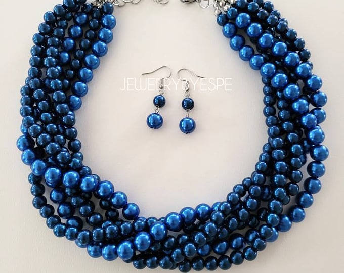 Navy Blue Pearl Necklace Set, Royal Blue Chunky Pearl Necklace ...
