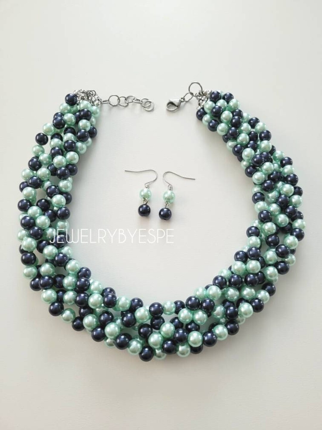 Navy Blue and Pastel Blue Braided Chunky Pearl Necklace Set, Multi ...
