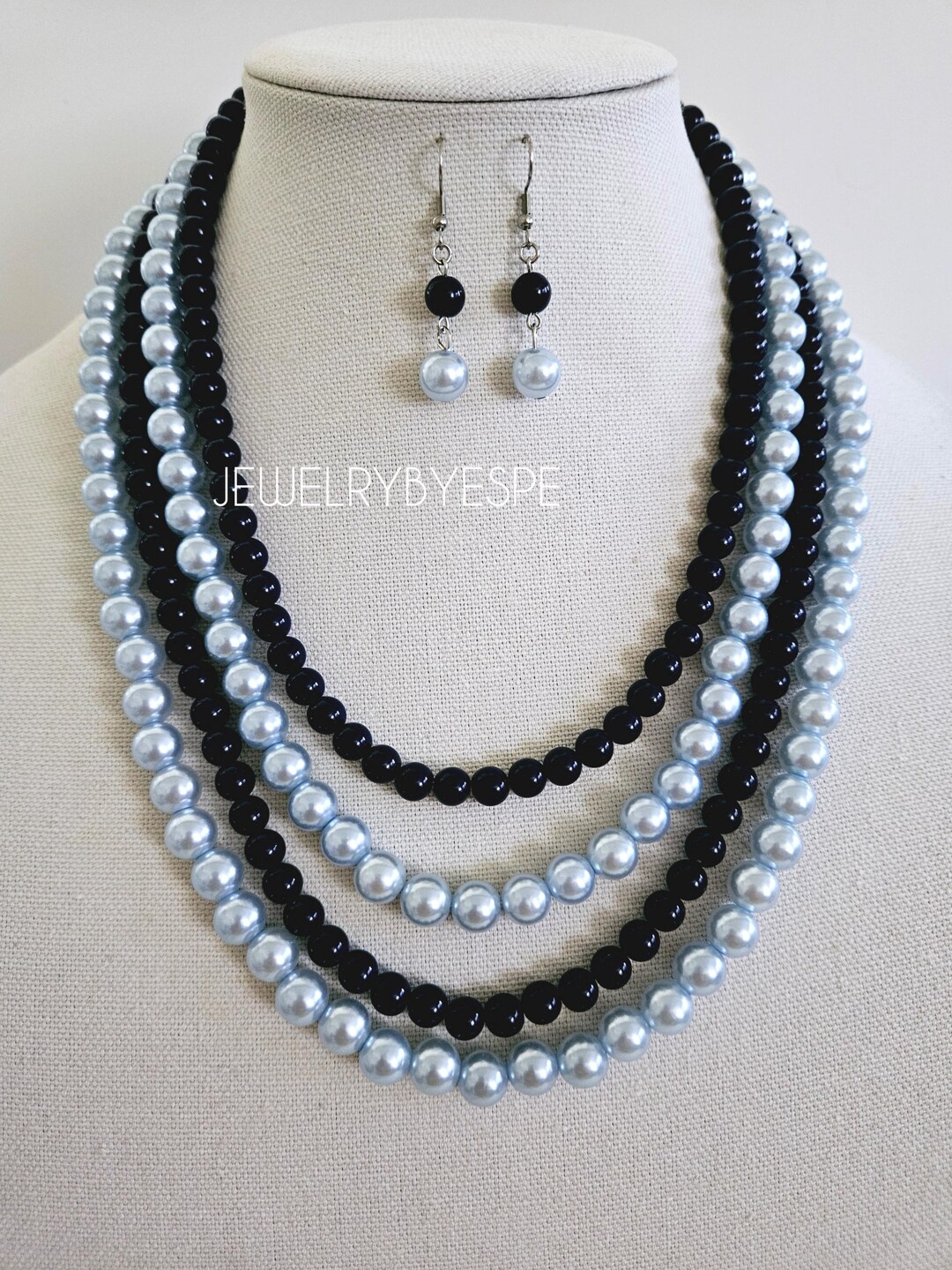 Navy Blue and Pastel Blue Pearl Chunky Necklace Set, Statement ...