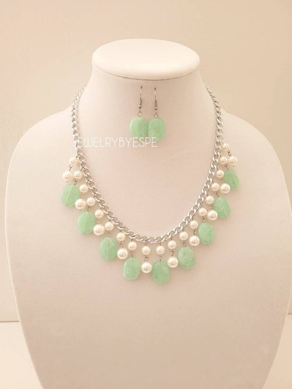 Mint Green Necklace Silver Statement Necklaces for Women - Etsy