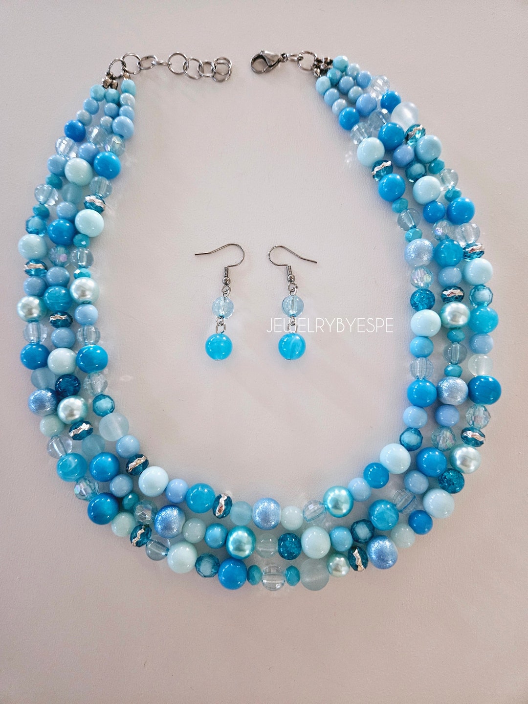 Blue Crystal Necklace Set, Turquoise Statement Necklace, Chunky Pearl ...