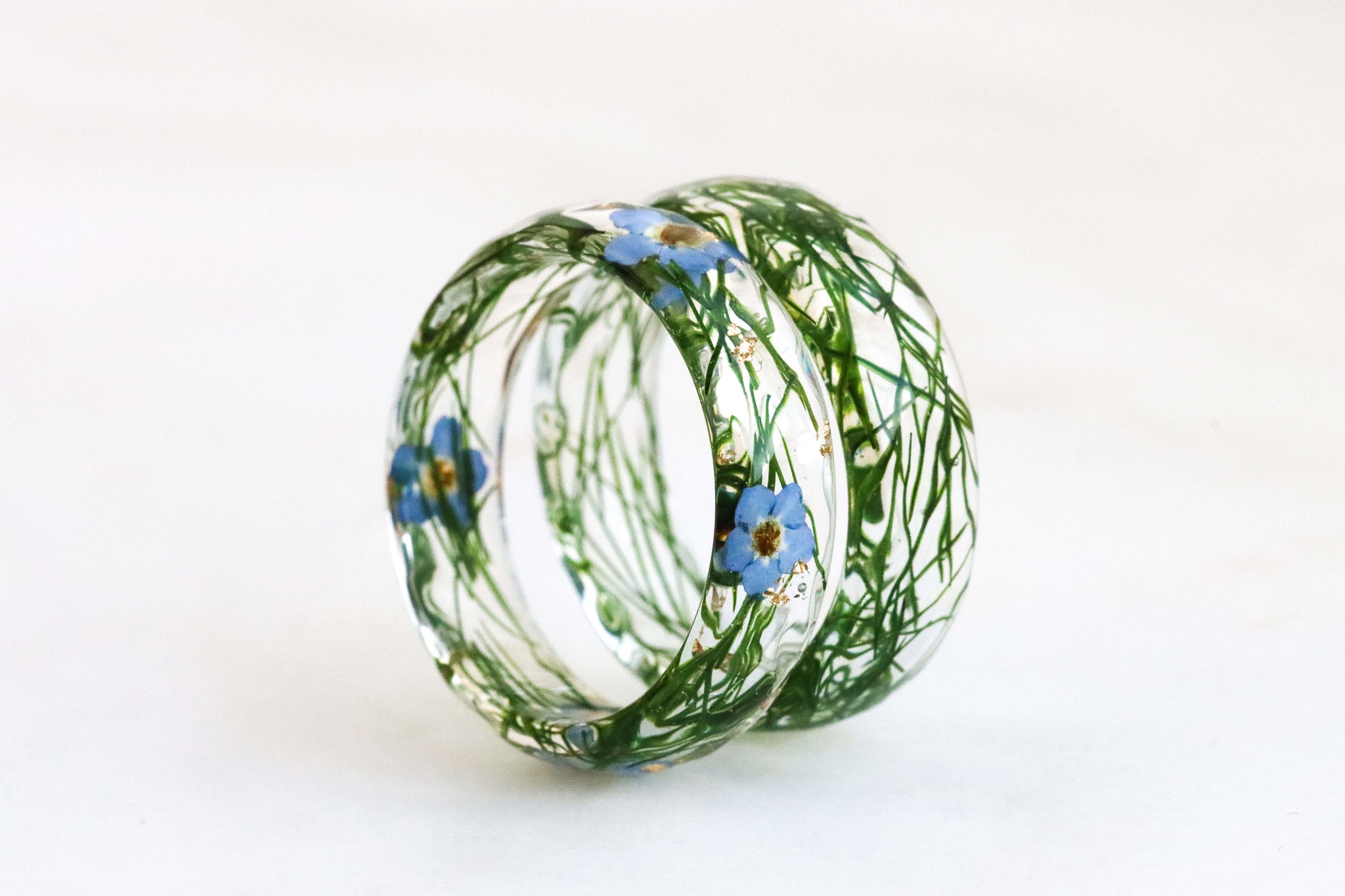Resin Ring With Forget-me-not Flowers and Asparagus Grass, Metal Flakes ...