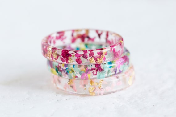 Set of 3 Resin Rings With Pressed Flowers Thin Ring Clear | Etsy