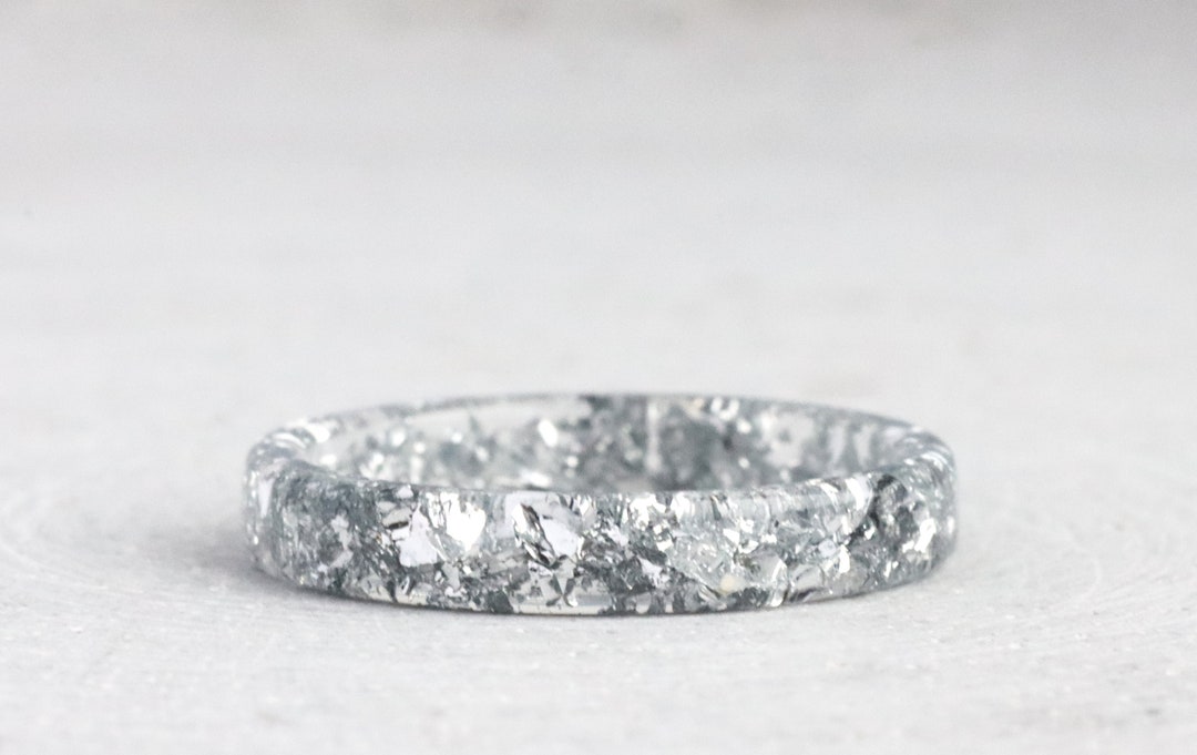 Thin Silver Ring, Resin Band With Metal Flakes, Stackable High-shine ...