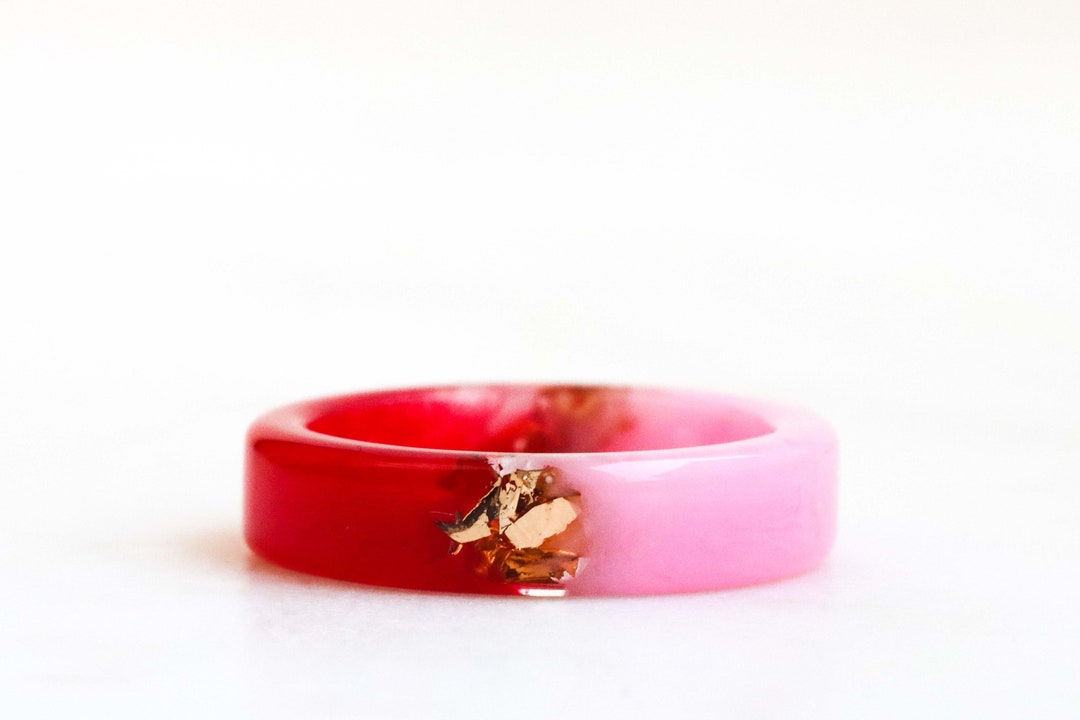 Two-sided Red Pink Ring, Resin Band, Nature Inspired Ring With Gold ...