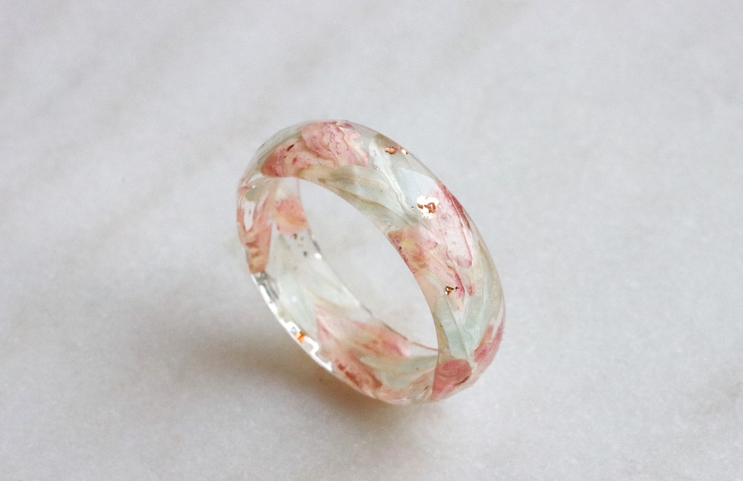 Nature Resin Ring With Mint Pink Petals and Gold Flakes, Nature ...