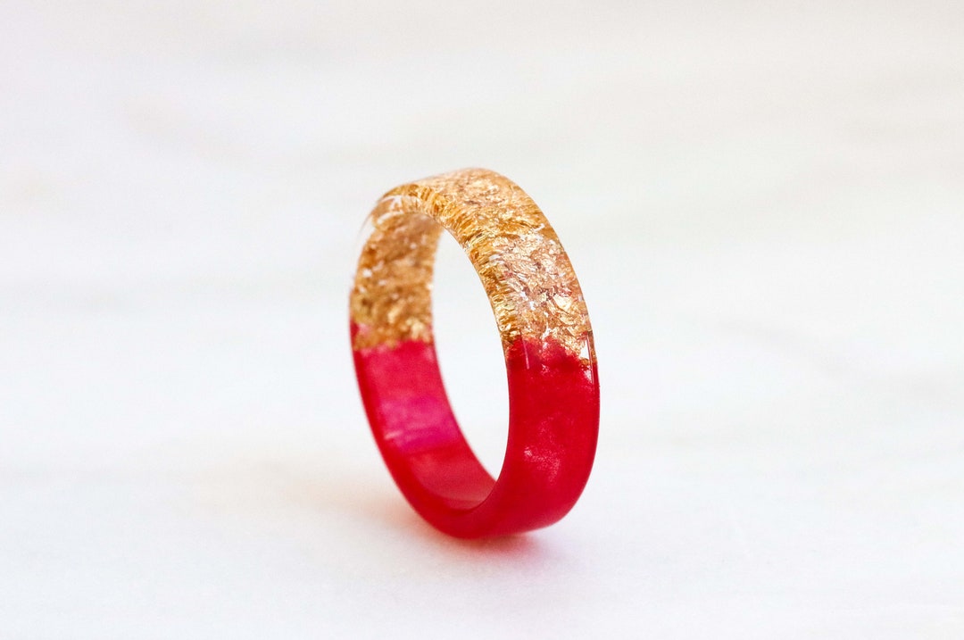 Two-sided Ring, Red and Gold/silver Resin Band, Nature Inspired Band ...