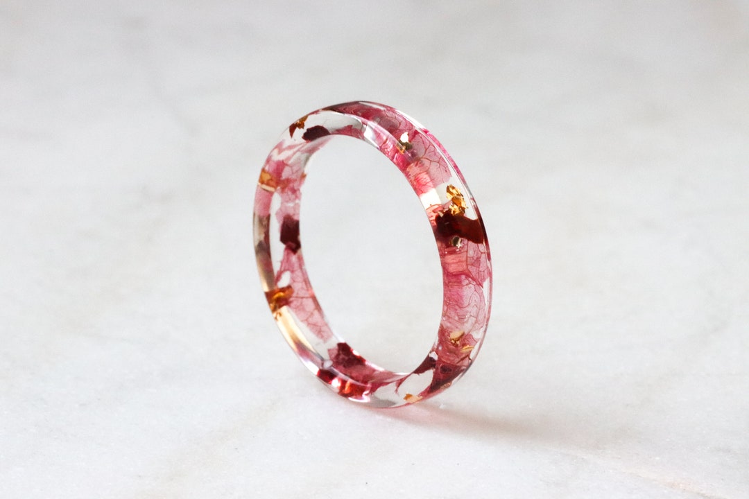 Thin Resin Ring With Pressed Pink Petals, Read Leaves and Gold/silver ...