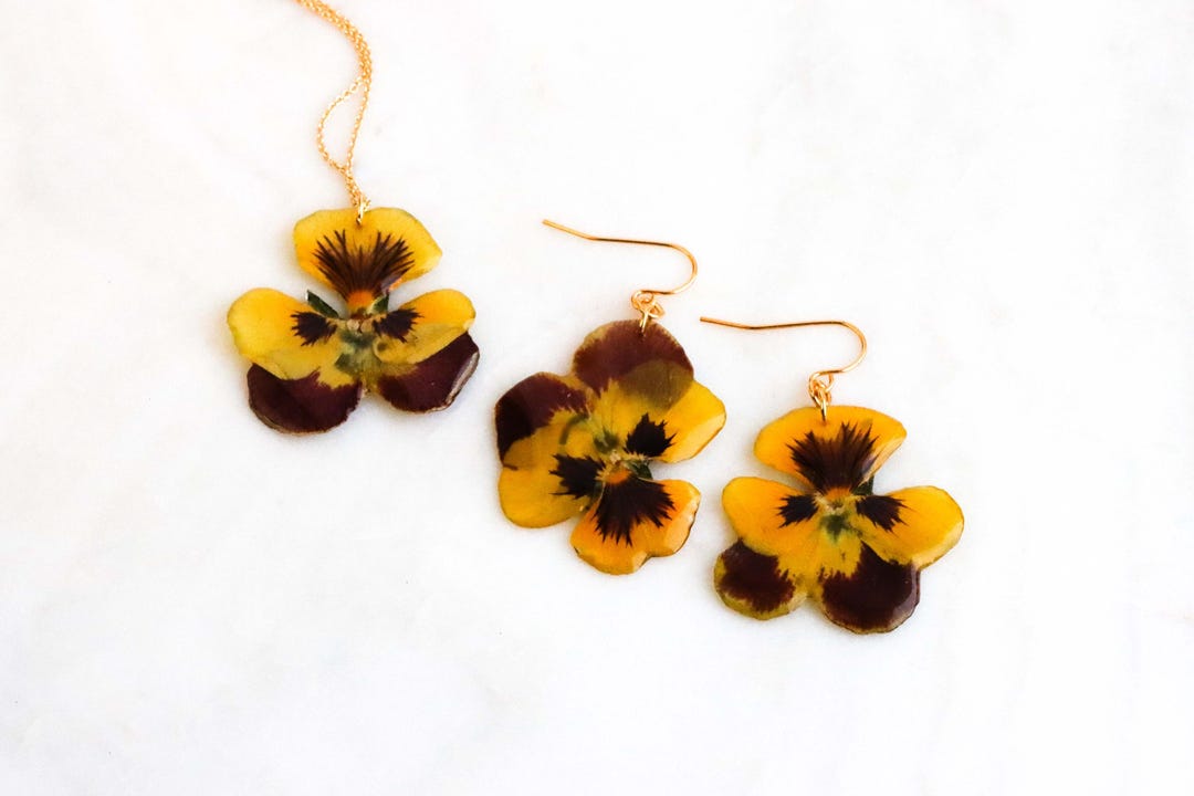 Real Pansy Jewelry Set, Preserved Pansy Necklace and Earrings, Yellow ...