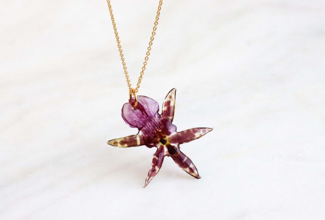 Real Orchid Pendant Necklace, Pink Yellow Flower With Gold-plated Chain ...