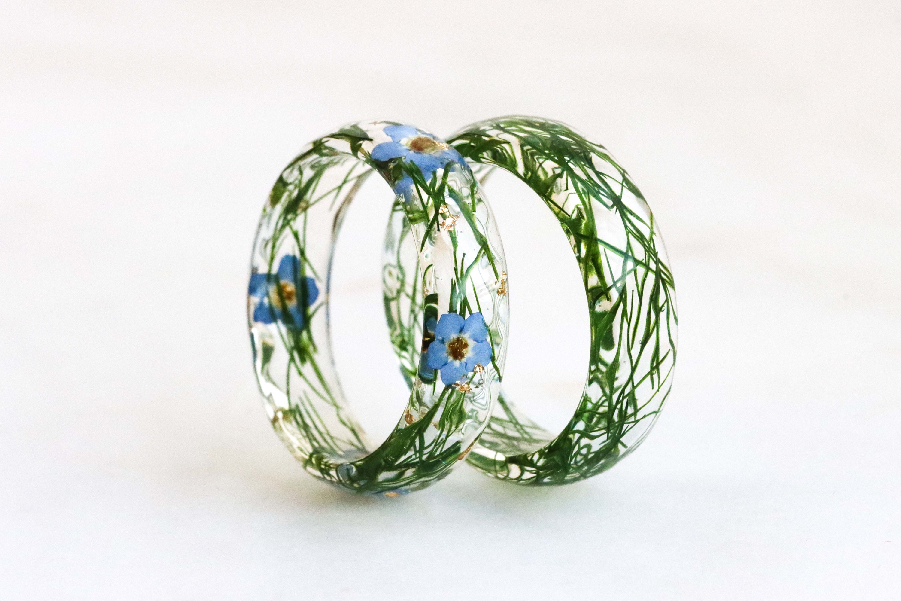 Resin Ring With Forget-me-not Flowers and Asparagus Grass, Metal Flakes ...