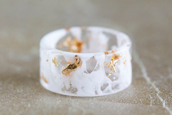 White Ring Wide Resin Ring with Gold/Copper/Silver Flakes | Etsy
