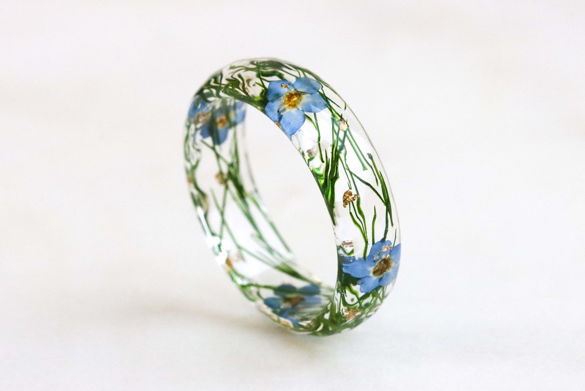 Resin Ring With Forget-me-not Flowers and Asparagus Grass, Metal Flakes ...