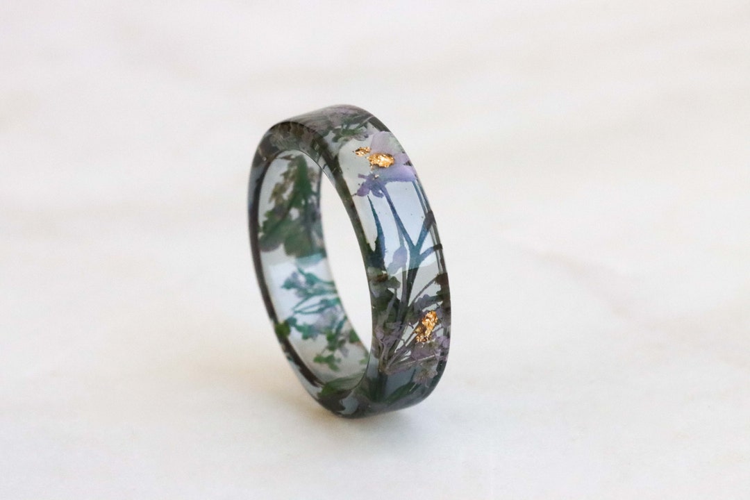 Black Resin Ring With Real Flowers and Gold/silver/copper Flakes Inside, Nature Inspired Jewelry ...