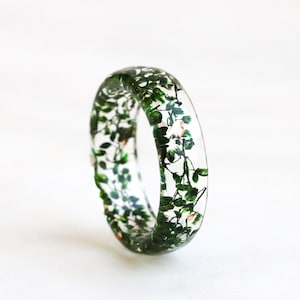 Pressed Green Flower Bud Resin Ring, Botanical Band With Metal Flakes ...