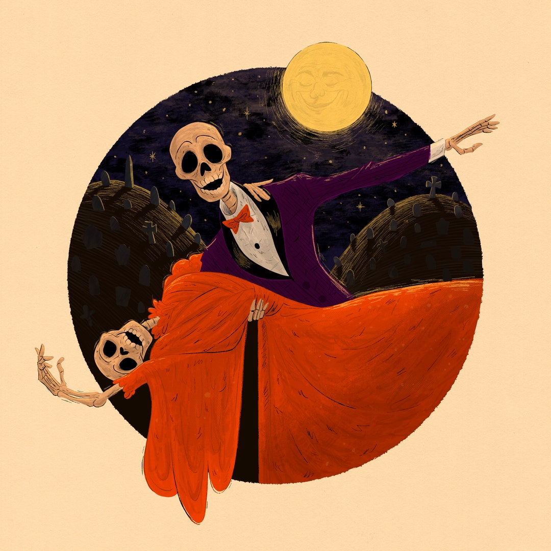 8x8 Halloween Art // Dancing Skeletons // Cute Skeletons 8x8 Art Print ...