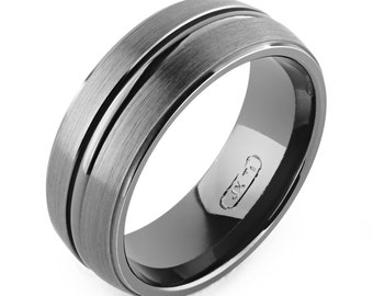 7.5mm Half Round Comfort Fit Black Titanium Wedding Band With Double ...