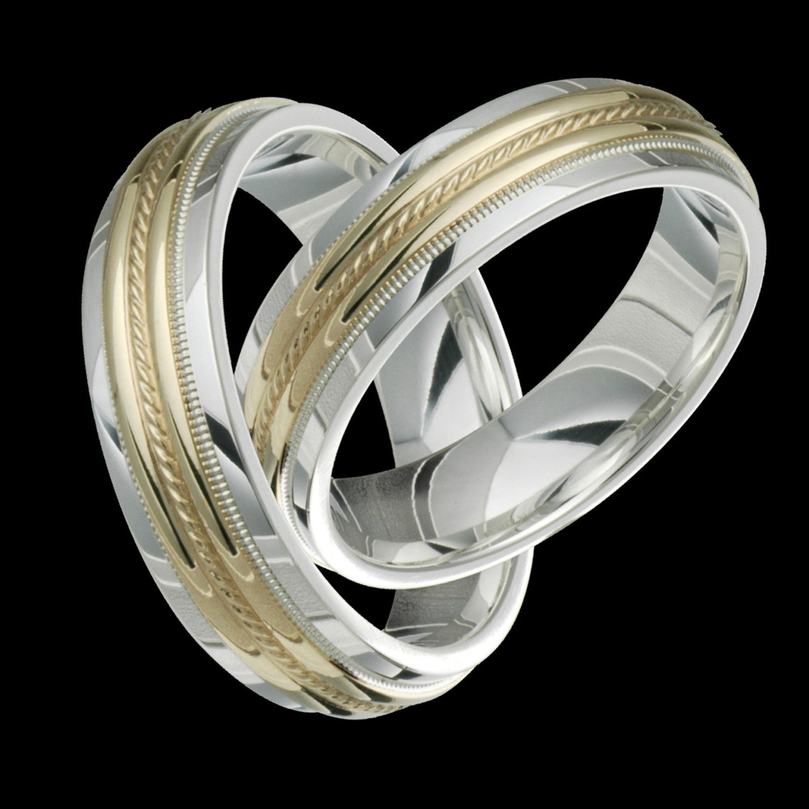 Two-tone 6mm .925 Sterling Silver & 14K Yellow Solid Gold Wedding Band ...