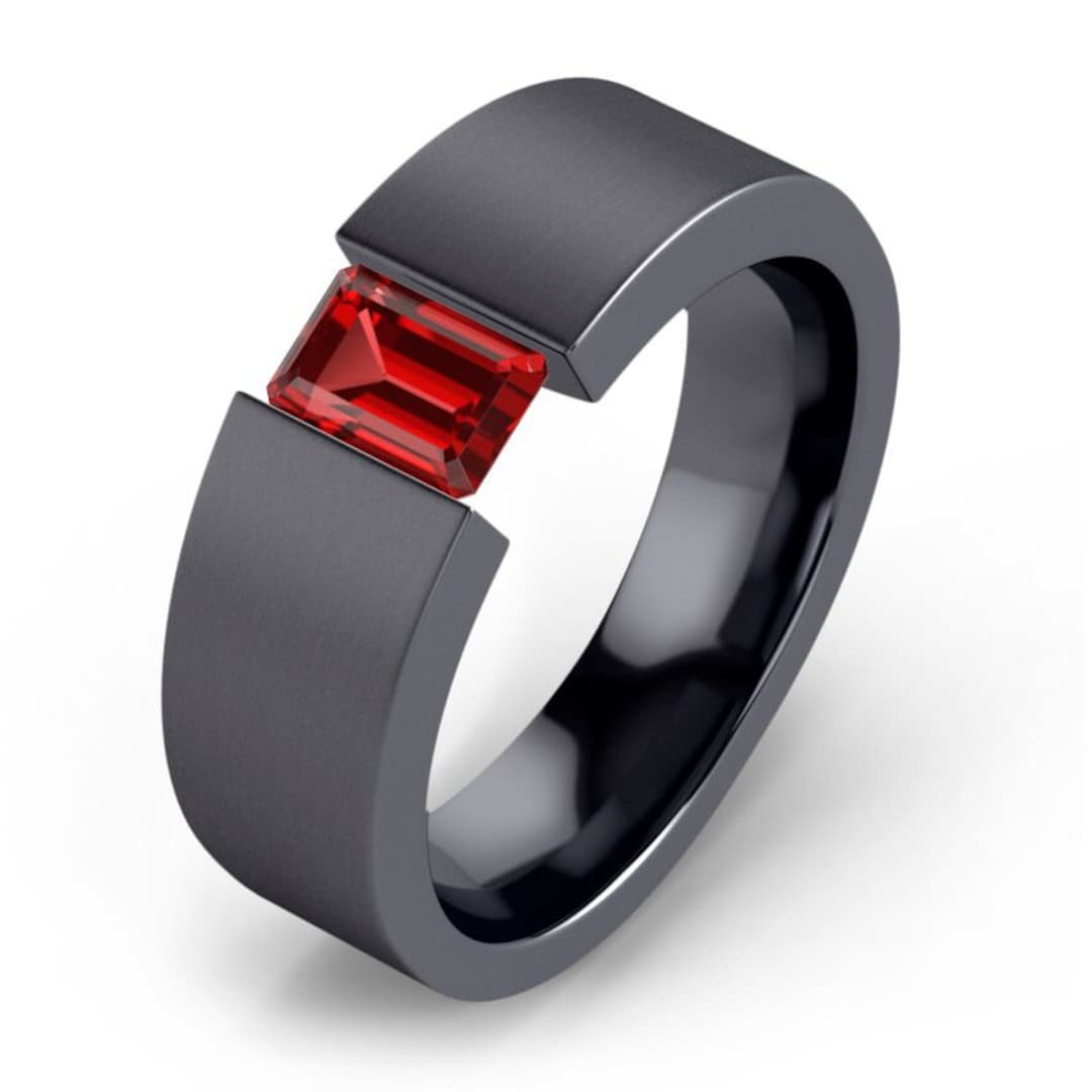 7.5mm Tension Set Black Titanium & Garnet Ring Custom Made - Etsy