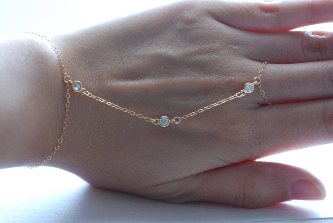 Hand Chain Bracelet Ring Hand Chain 14k Gold Filled and 3 Cz Cubic ...