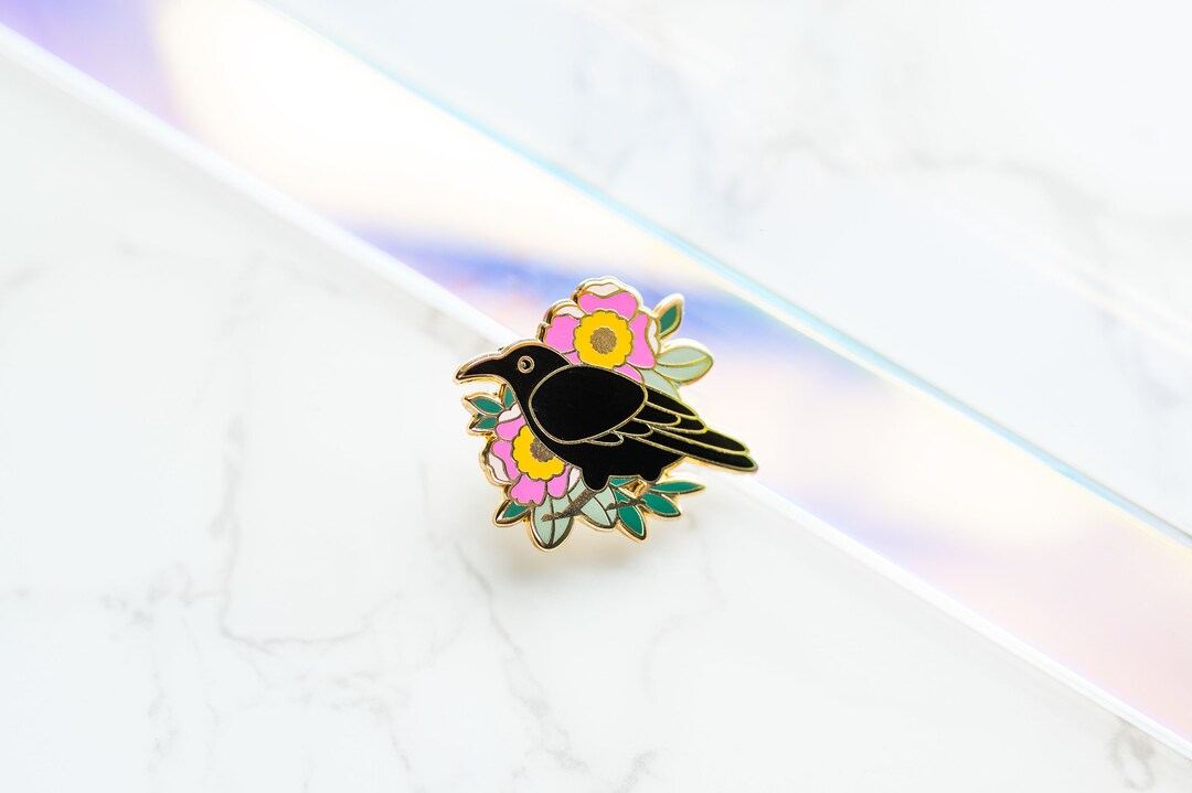 Raven Floral Enamel Pin - Etsy