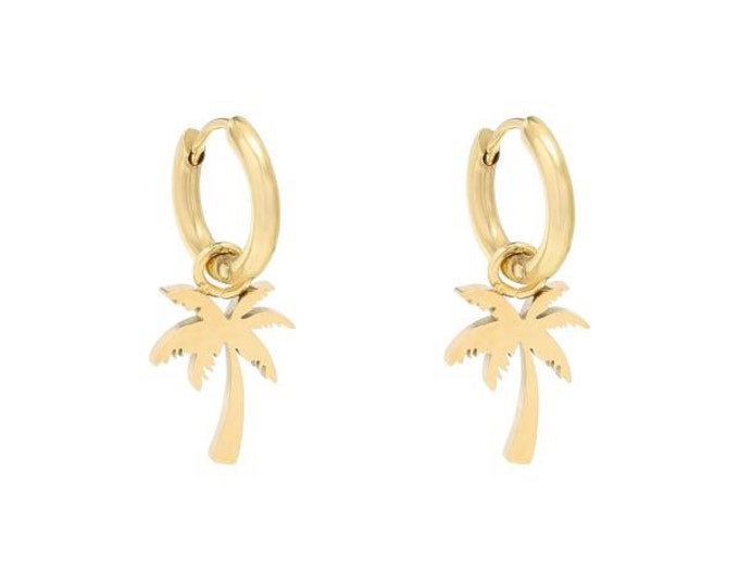 Palm Tree Huggie Hoop Earringsgold Palm Treecharm - Etsy