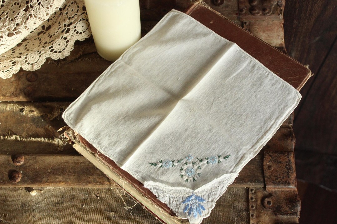 Vintage 1950s Handkerchief, Blue Flower Applique and Embroidery on ...