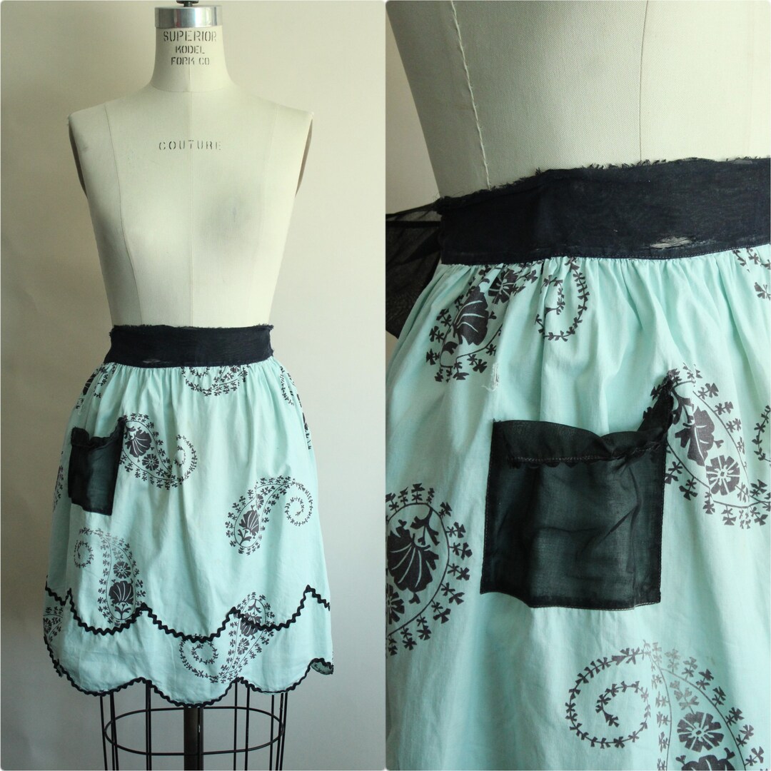 Vintage 1960s Apron, Mint Blue and Black Cotton Half Apron With Ricrac ...