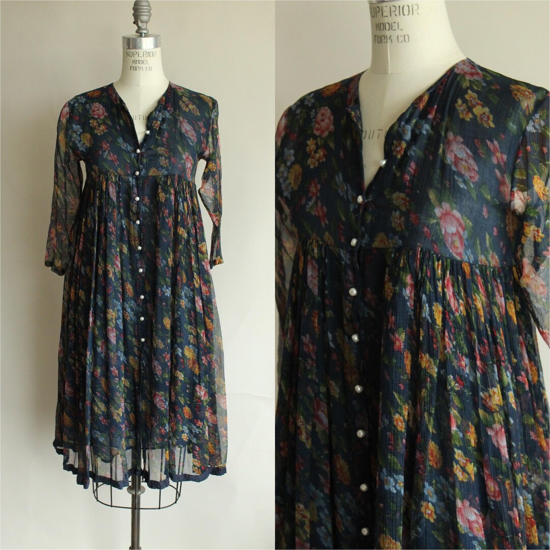 Vintage 1990's Dress, Cottage Core Floral Print Maxi With Broomstick ...