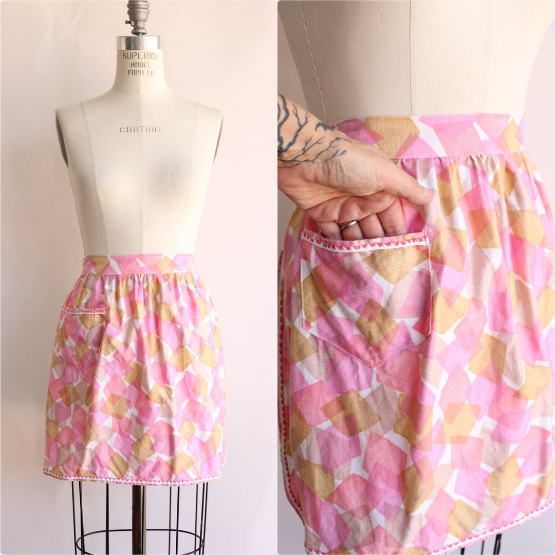 Vintage 1960s Apron With Pocket, Pink and Yellow Geometric Print Cotton ...