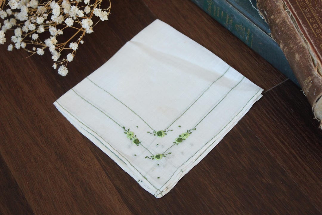 Vintage Handkerchief, Green Linen With Tiny Flowers Embroidery Hanky ...