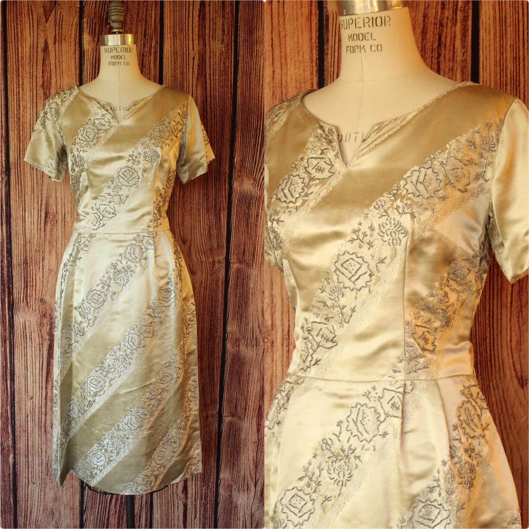 Vintage 1950s Wiggle Dress, Large Size Gold and Silver Silk Satin With ...