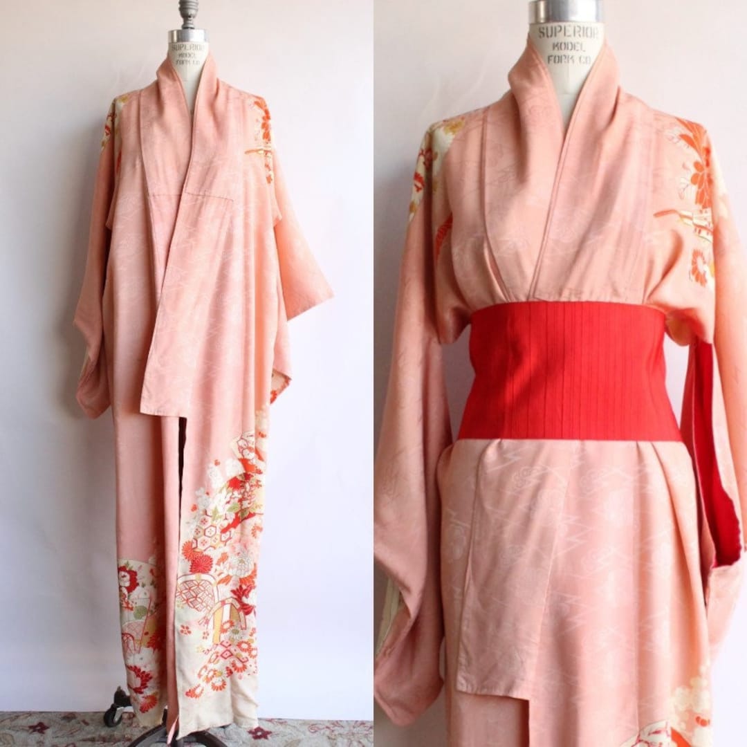 Vintage Kimono Robe With Obi, Silk Japanese Chu Furisode Pink With ...