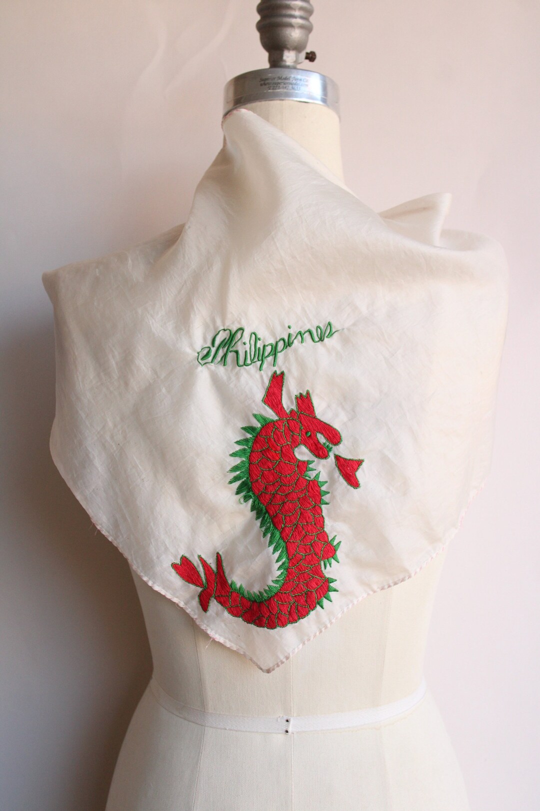 Vintage 1950s Silk Scarf, Philippines Dragon Embroidered Novelty Print ...