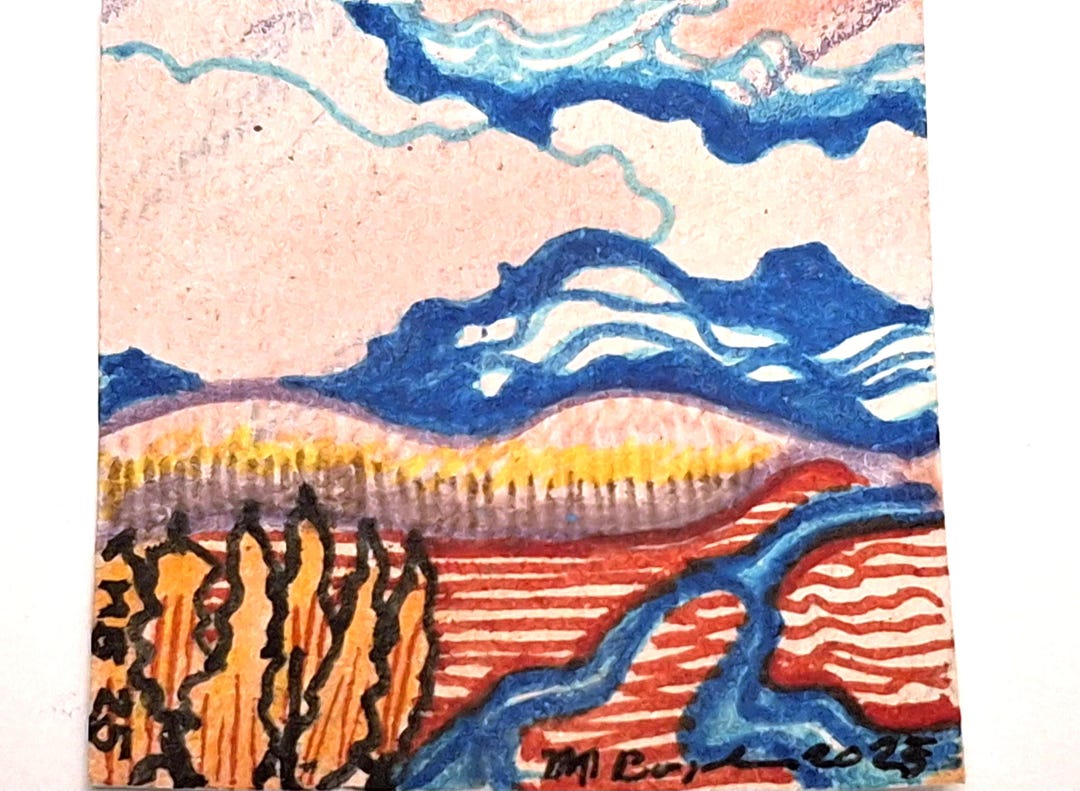 Miniature Line Art Landscape Painting – Original River Artwork (1.5x1.5 ...