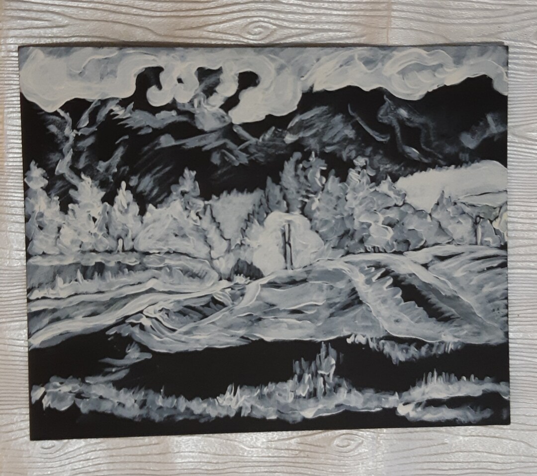 Black and White Monochromatic Landscape Painting of the Mountains Above ...