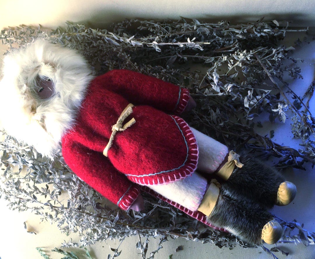 Inuit Elder Doll Sculpture - Inuk With White Hair, Hand Sewn Face ...