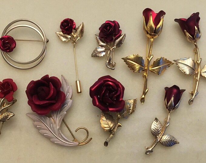 Vintage Dark Red on Gold Floral Brooches -choose the Red Roses You Want ...