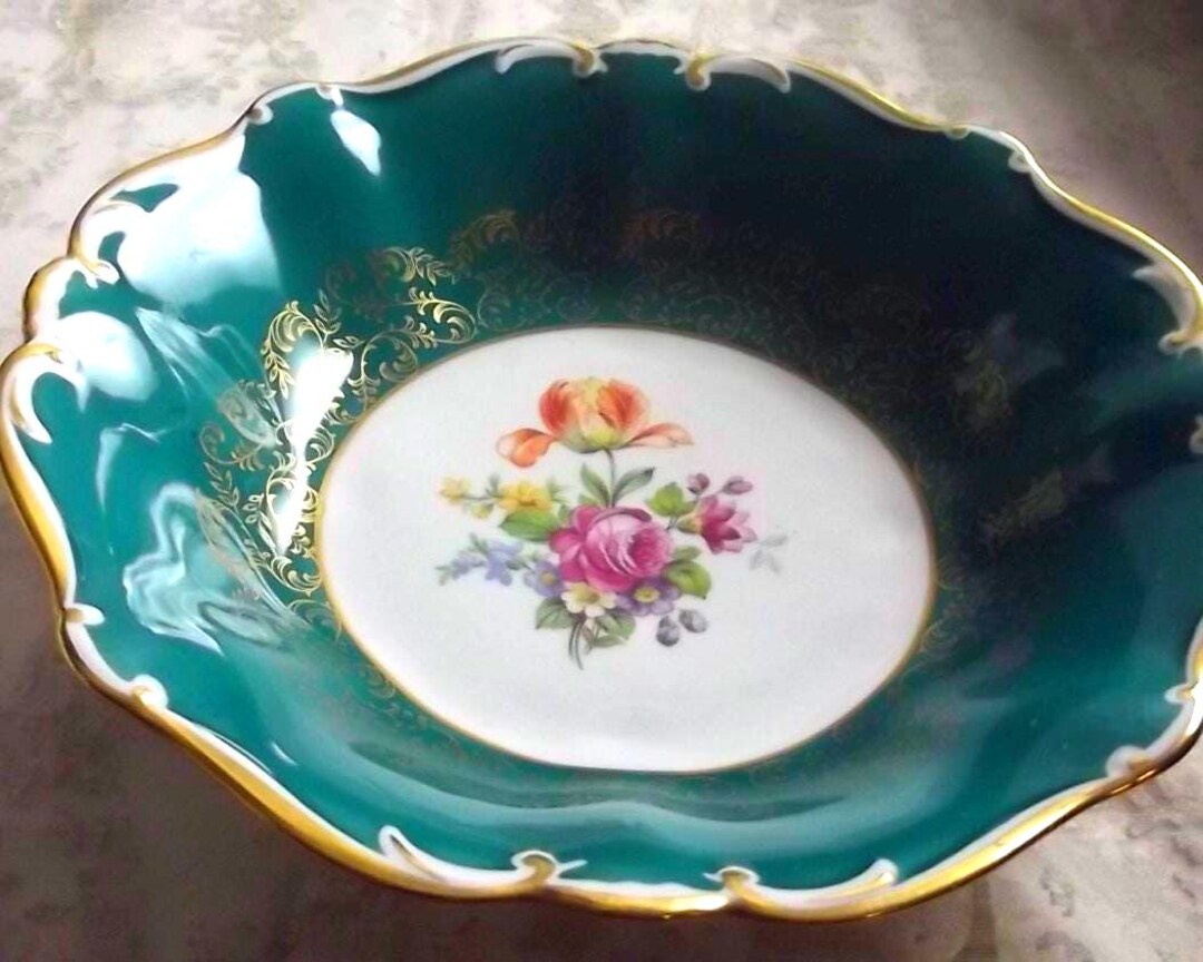 Menau Porcelain Berry Bowl: Thalo Green Floral, Gold Edge, Germany - Etsy