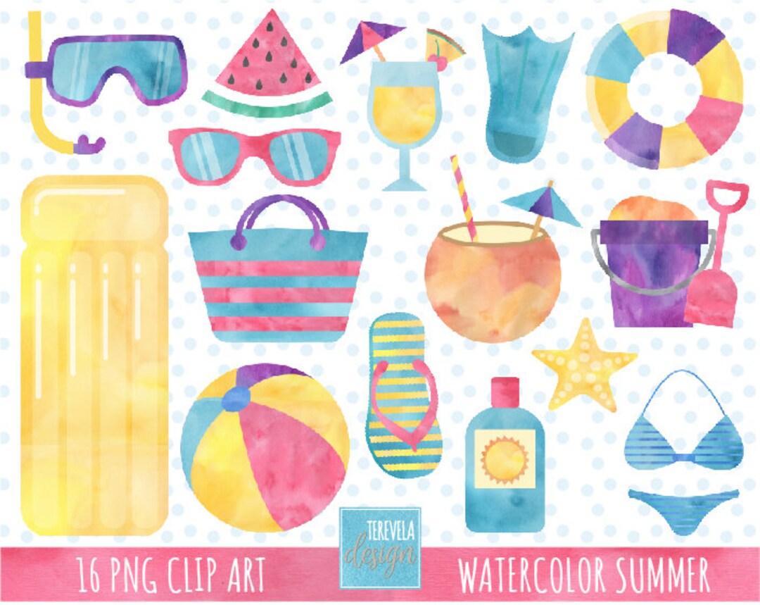 WATERCOLOR SUMMER Clipart, Pool Clipart, Commercial Use, Beach Graphics ...