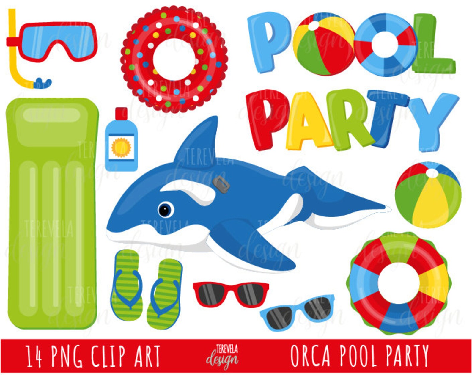 POOL PARTY Clipart, Summer Clipart, Commercial Use, Orca Inflatable ...