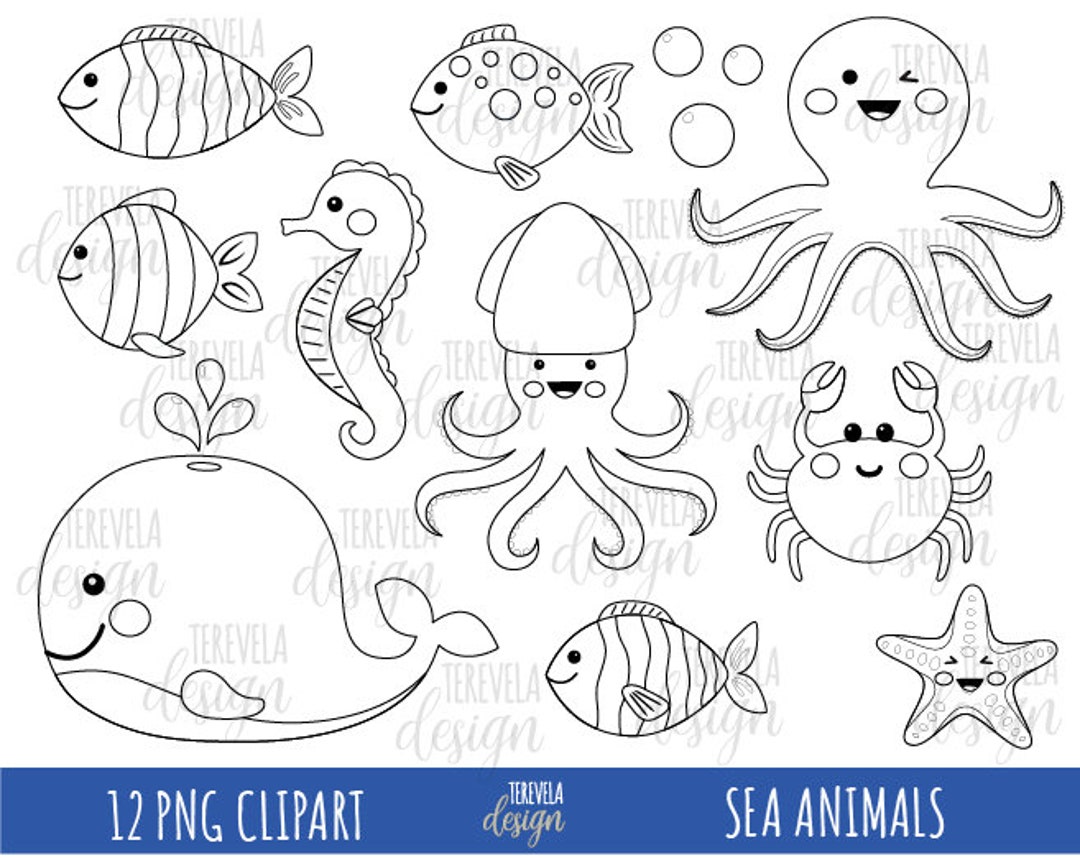 SEA ANIMALS Stamp, Digi Stamp, Commercial Use, Kawaii Digi Stamp, Fish ...