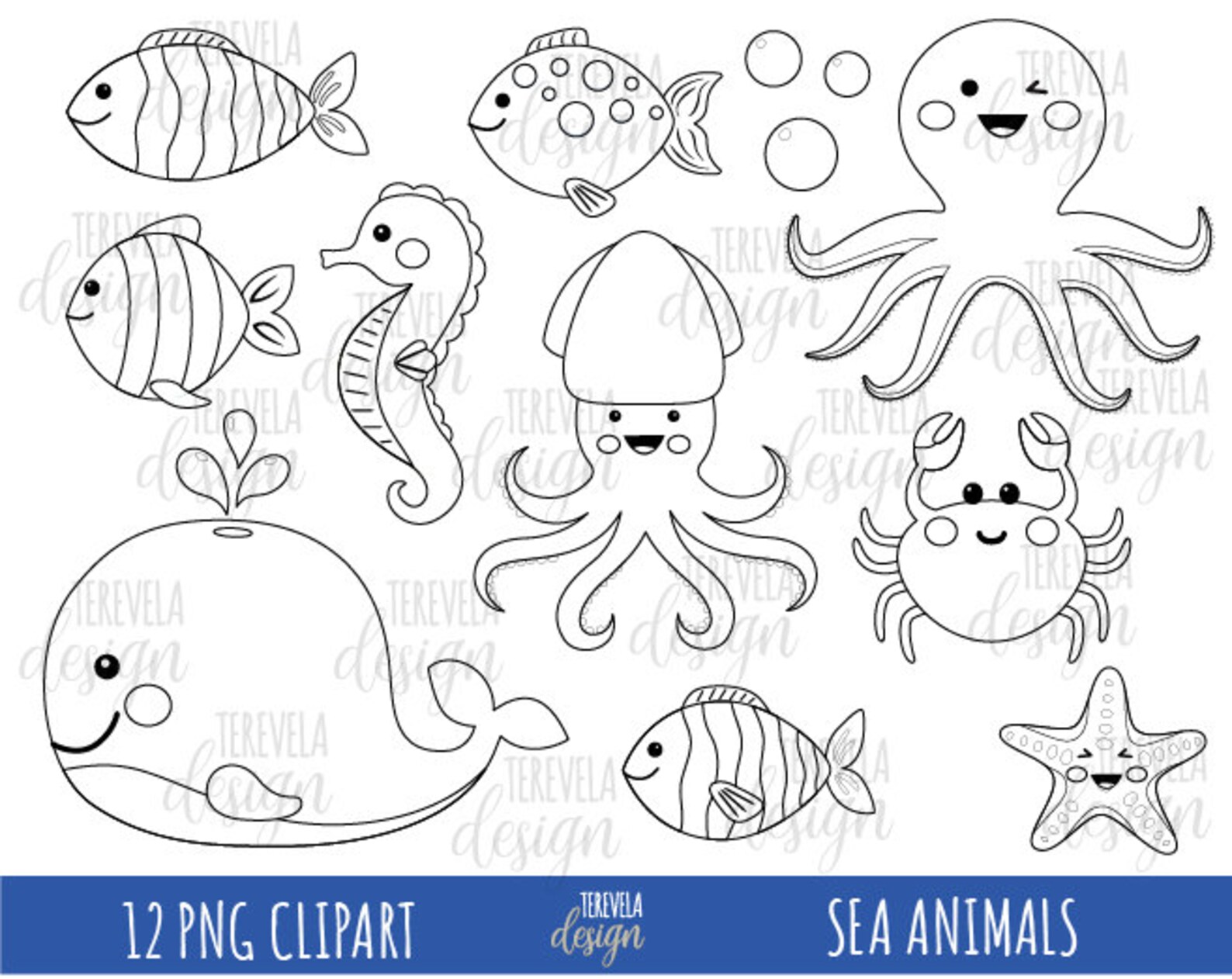 SEA ANIMALS Stamp Digi Stamp Commercial Use Kawaii Digi - Etsy