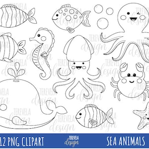 SEA ANIMALS Stamp, Digi Stamp, Commercial Use, Kawaii Digi Stamp, Fish ...
