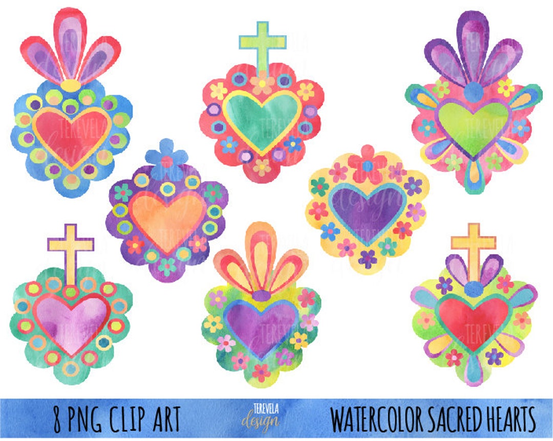 SACRED HEARTS Clipart, WATERCOLOR, Mexico Clip Art, Commercial Use ...