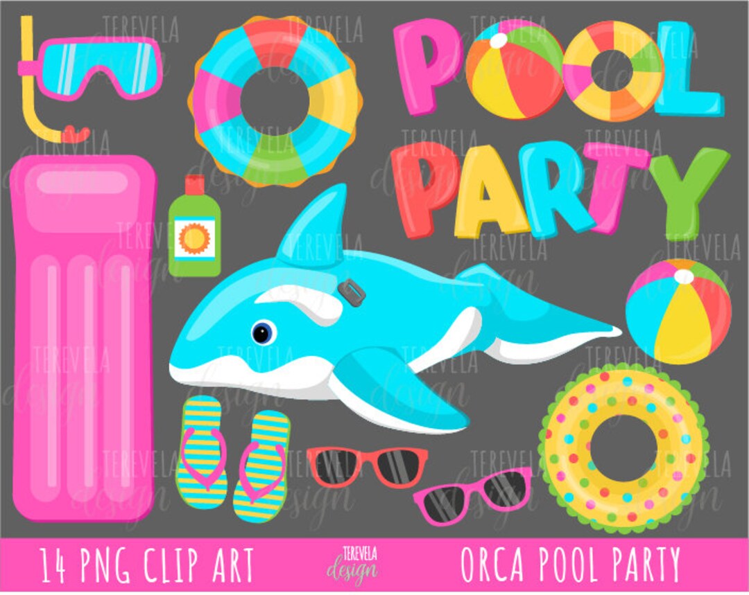 POOL PARTY Clipart, Summer Clipart, Commercial Use, Orca Inflatable ...