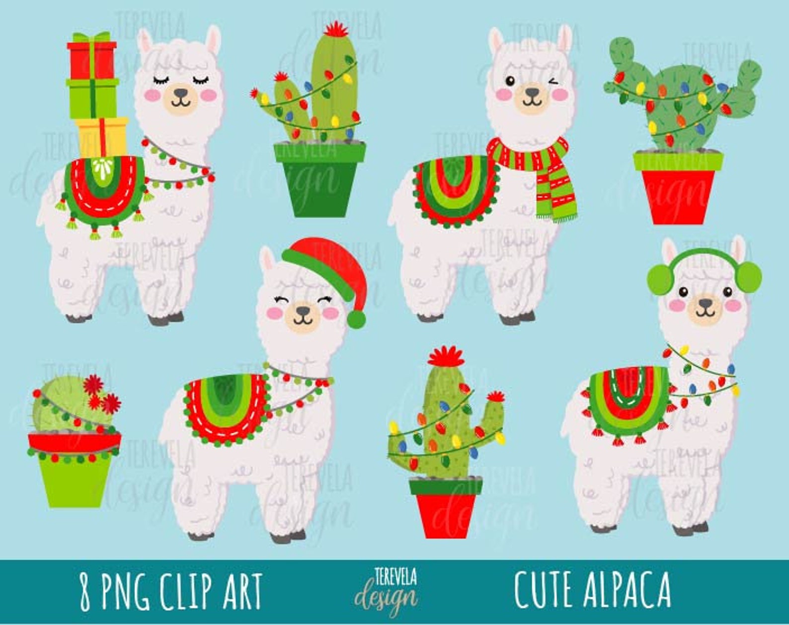 CHRISTMAS LLAMA Clipart, Commercial Use, Christmas, Llama, Alpaca ...