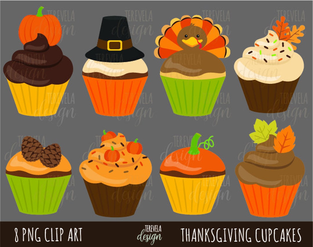 THANKSGIVING Cupcakes Clipart, Kawaii Fall, Autumn Clipart, Commercial ...