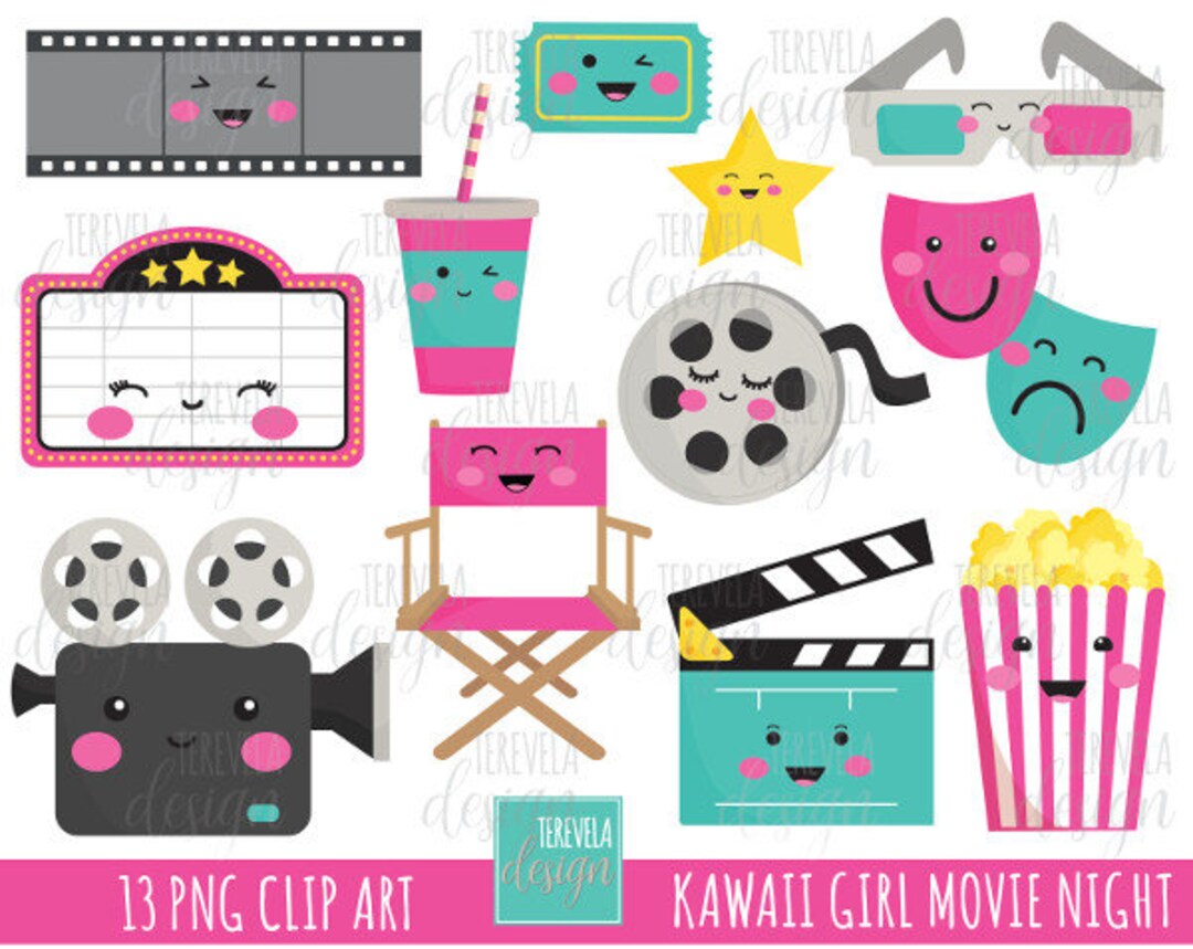 Kawaii MOVIE Clipart, Movie Night Clipart, Girl Movie Party, Commercial ...